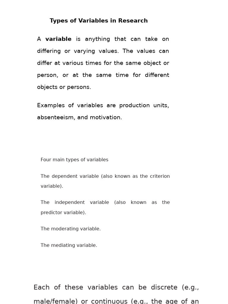 TYPES OF VARIABLES IN RESEARCH | PDF | Dependent And Independent ...