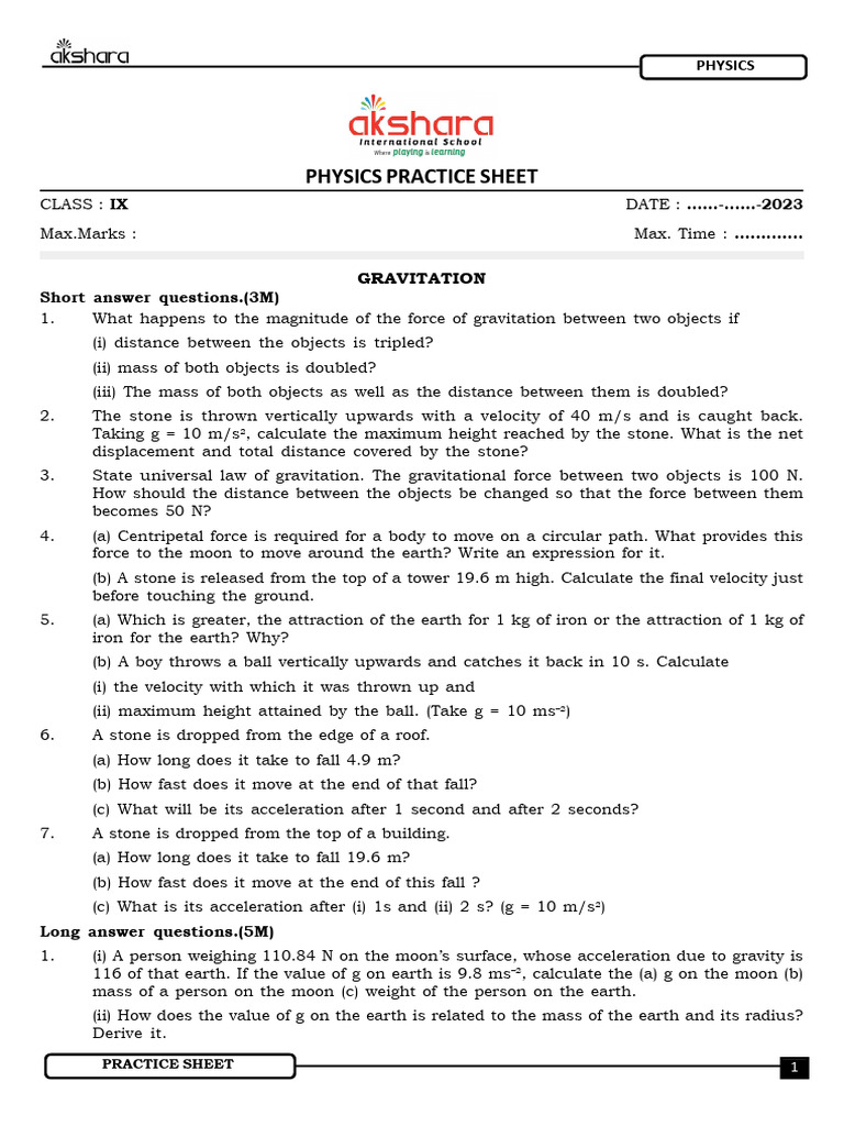 IX - Physics - Practice Sheet - Gravitation 2 | PDF | Weight | Buoyancy