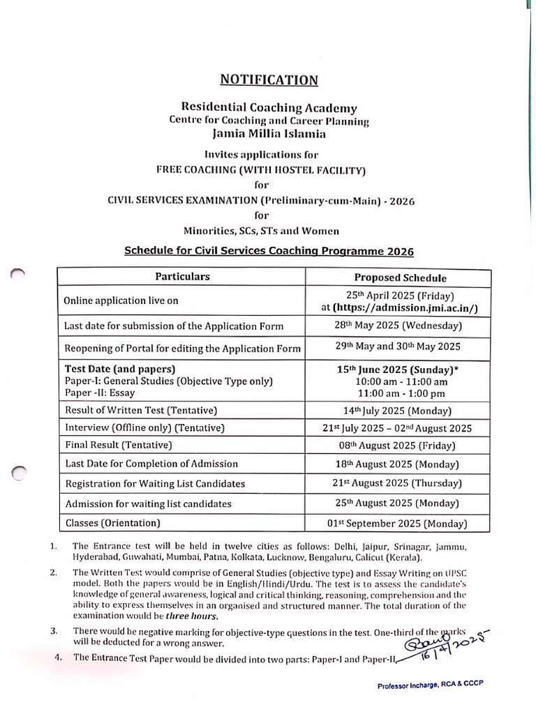 RCA 2025 Notification Jmi Free Hostel Coaching | PDF