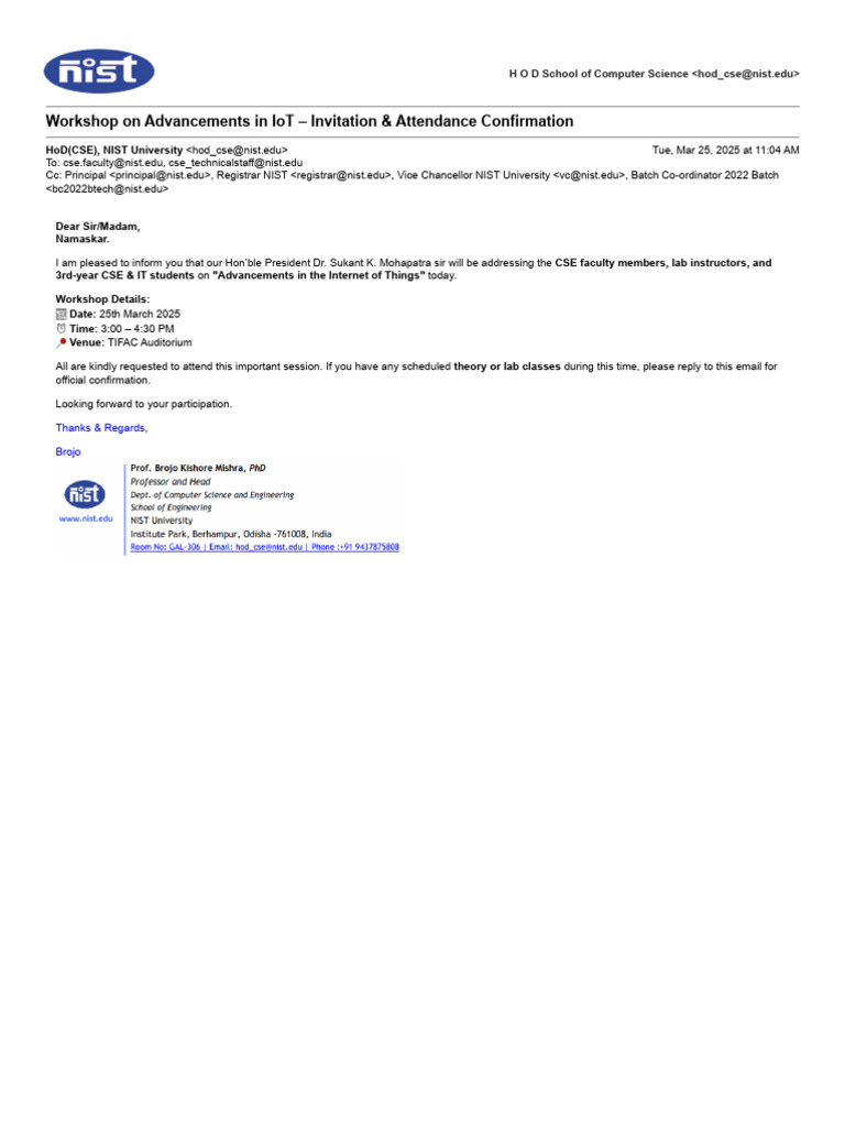 Workshop On Advancements in IoT - Invitation & Attendance Confirmation | PDF