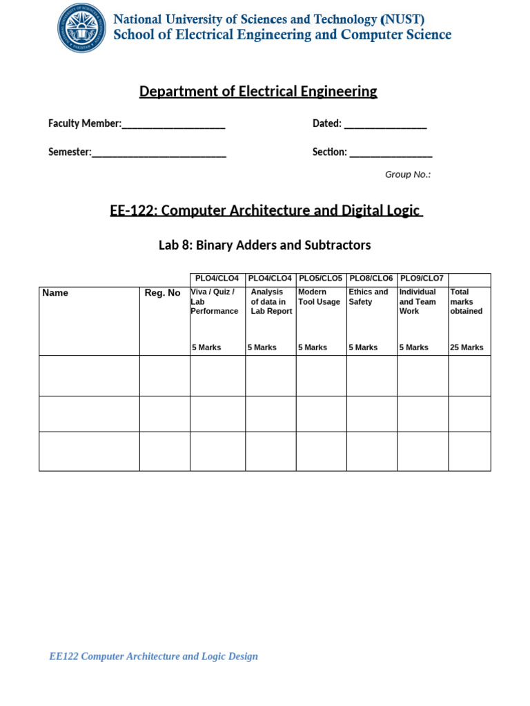 CALD Lab 8 Binary Adders and Subtractors (Updated) | PDF | Logic Synthesis | Electronics