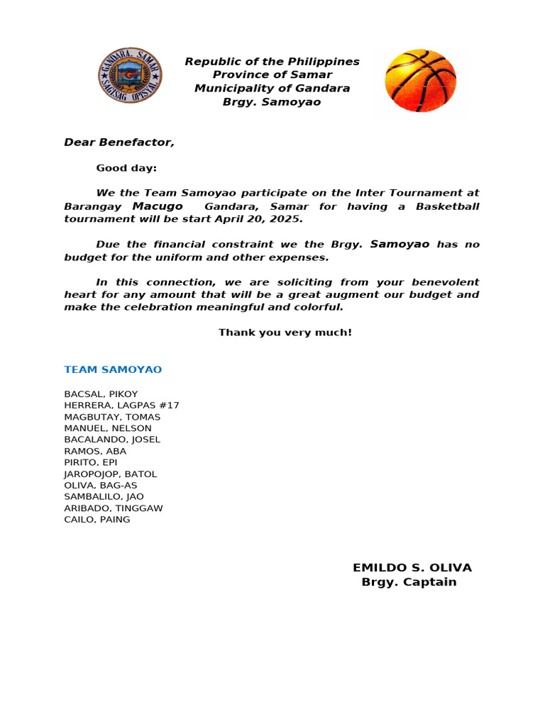 Solicitation for Basketball Tournament Funds | PDF