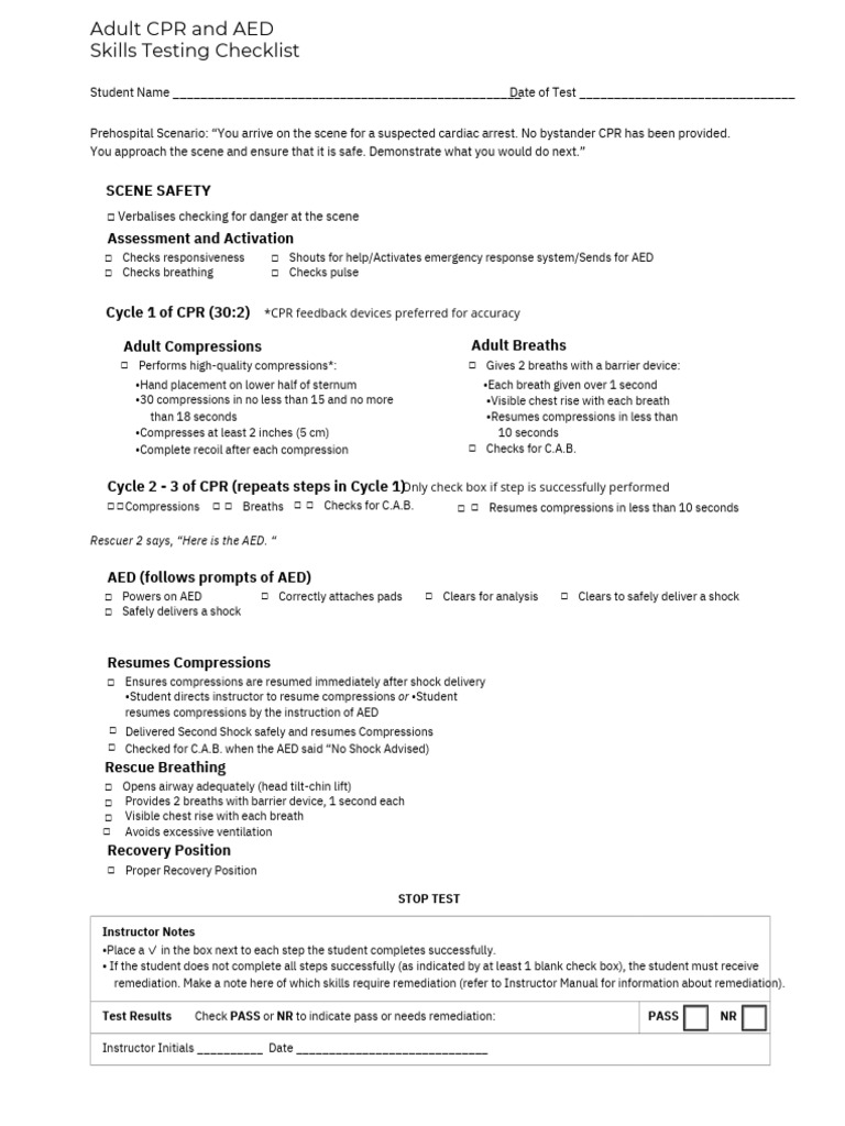 BLS Adult Skills Checklist 2020 | PDF | Cardiopulmonary Resuscitation ...