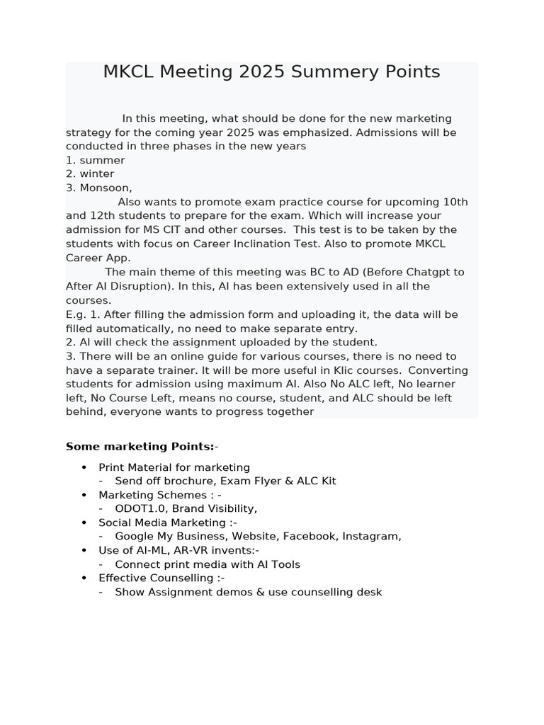 MKCL Meeting 2025 Summery Points | PDF