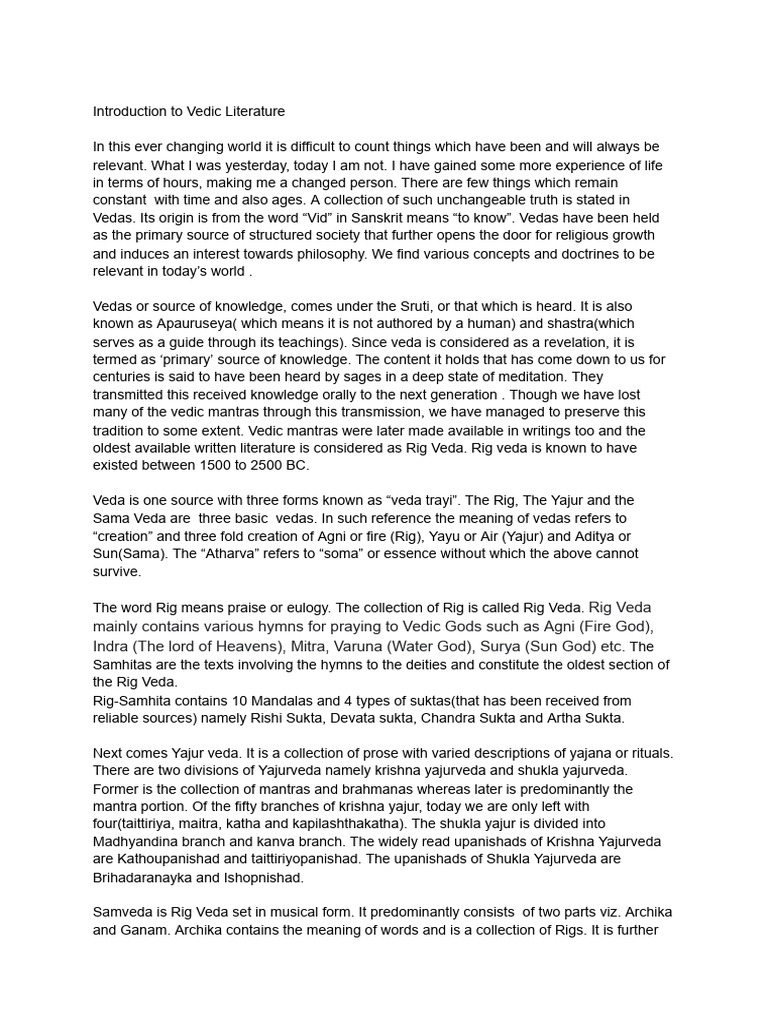 Introduction to Vedic Literature | PDF | Vedas | Ancient Indian Literature