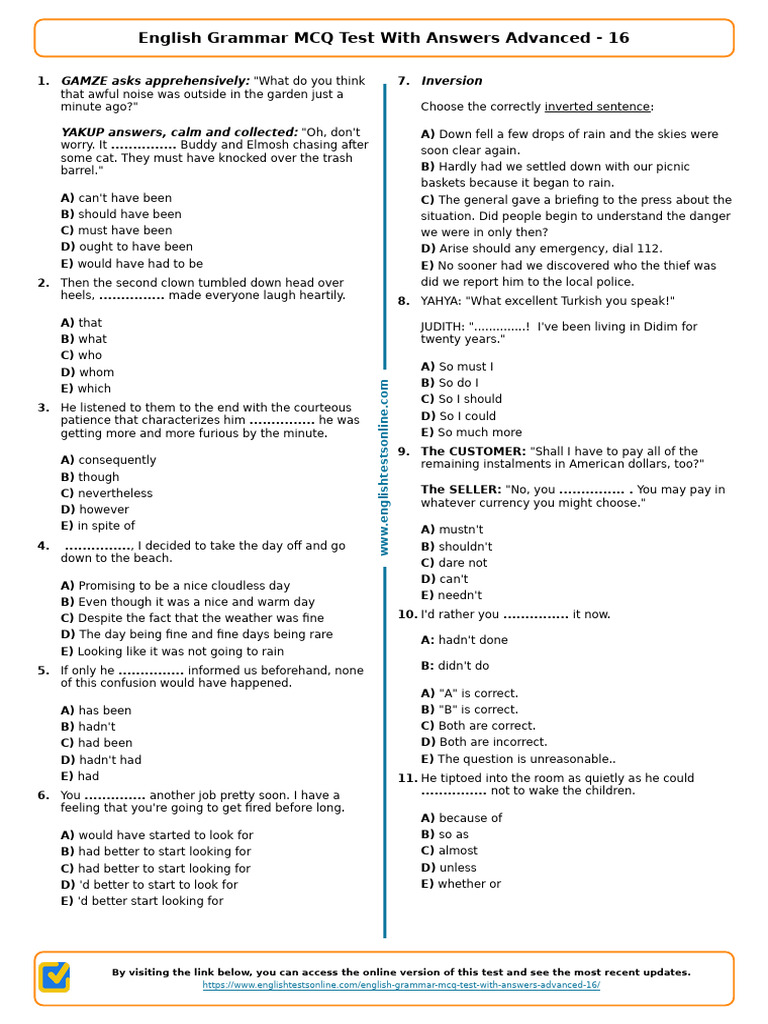 643 English Grammar MCQ Test With Answers Advanced 16 | PDF