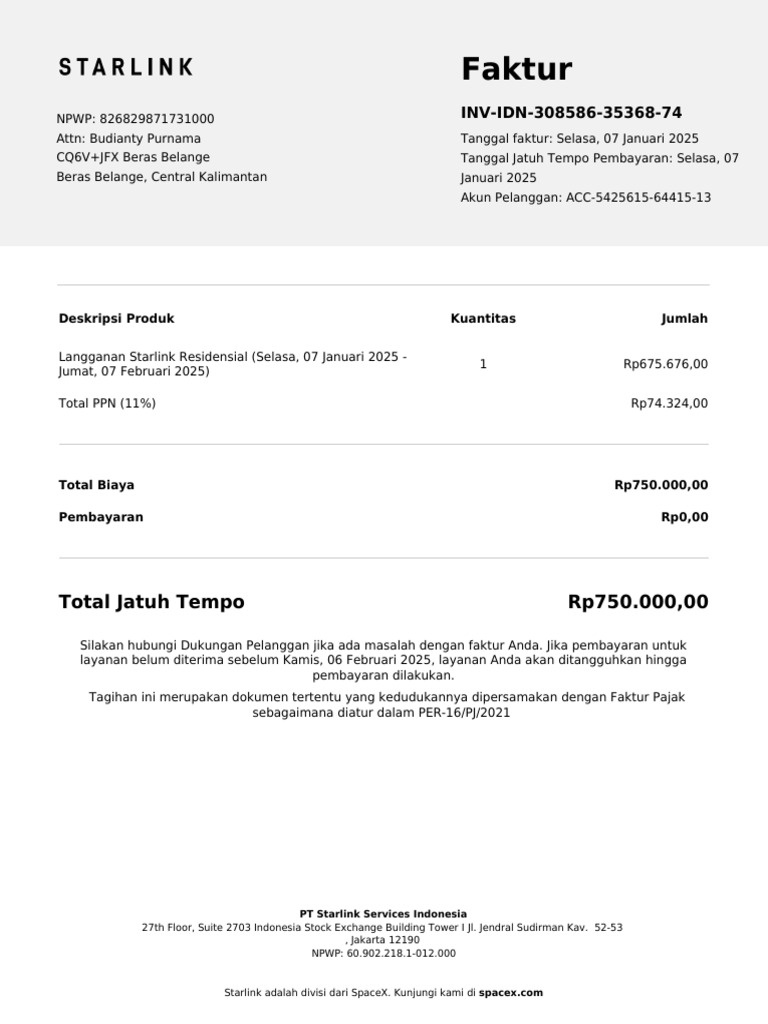 Faktur Pembayaran Starlink Residensial | PDF