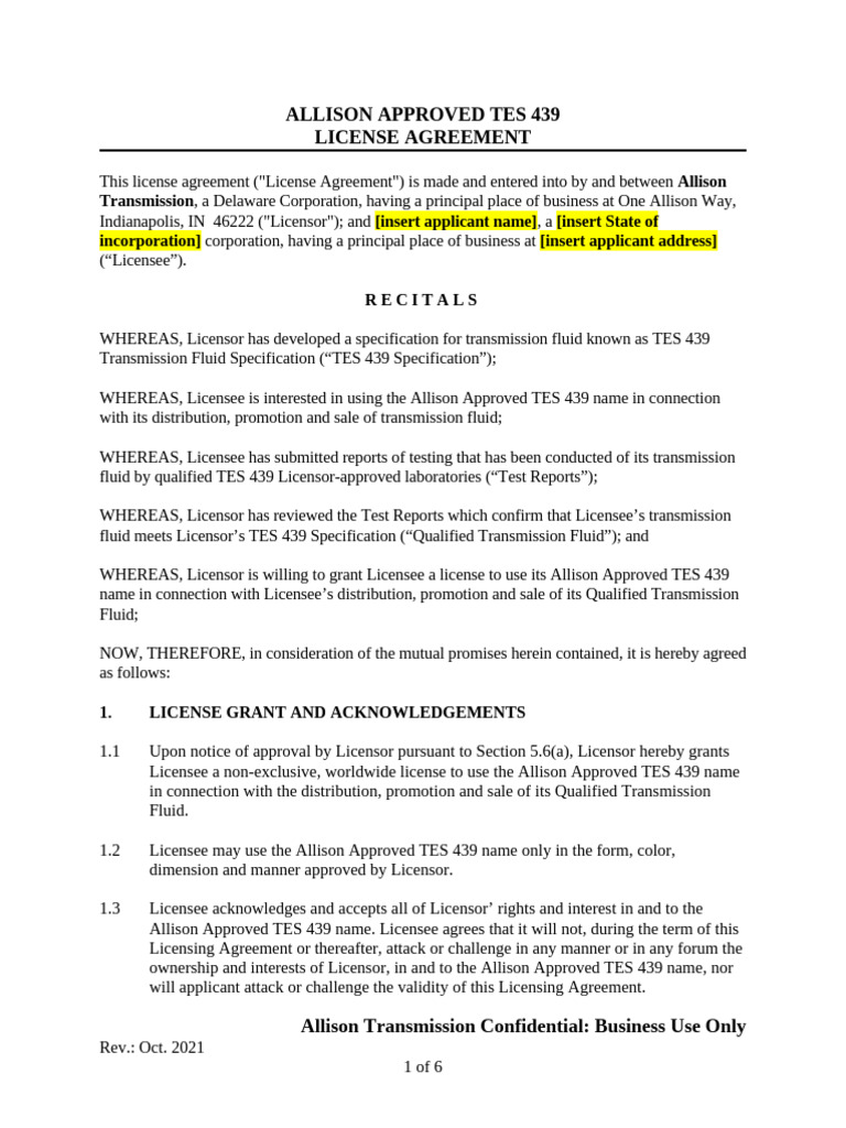 Allison Approved Tes-439 License Agreement | PDF | License | Indemnity