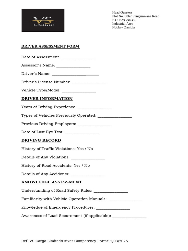 VS Cargo Driver Assessment Form | PDF | Driving | Vehicles