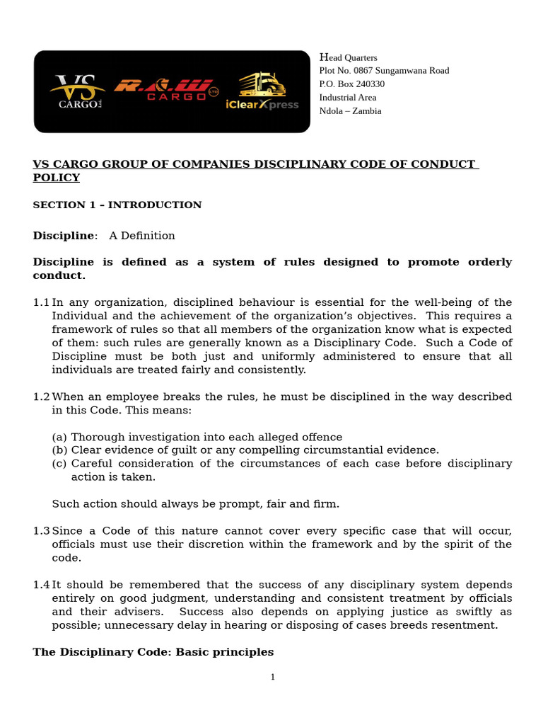 Revised Vs Cargo Group of Companies Disciplinary Code of Conduct 2024 | PDF | Bribery | Assault