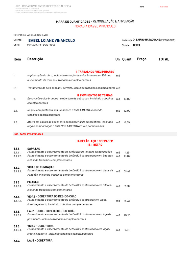 Mapa de Quantidades Moradia Isabel | PDF | Alvenaria | Tinta