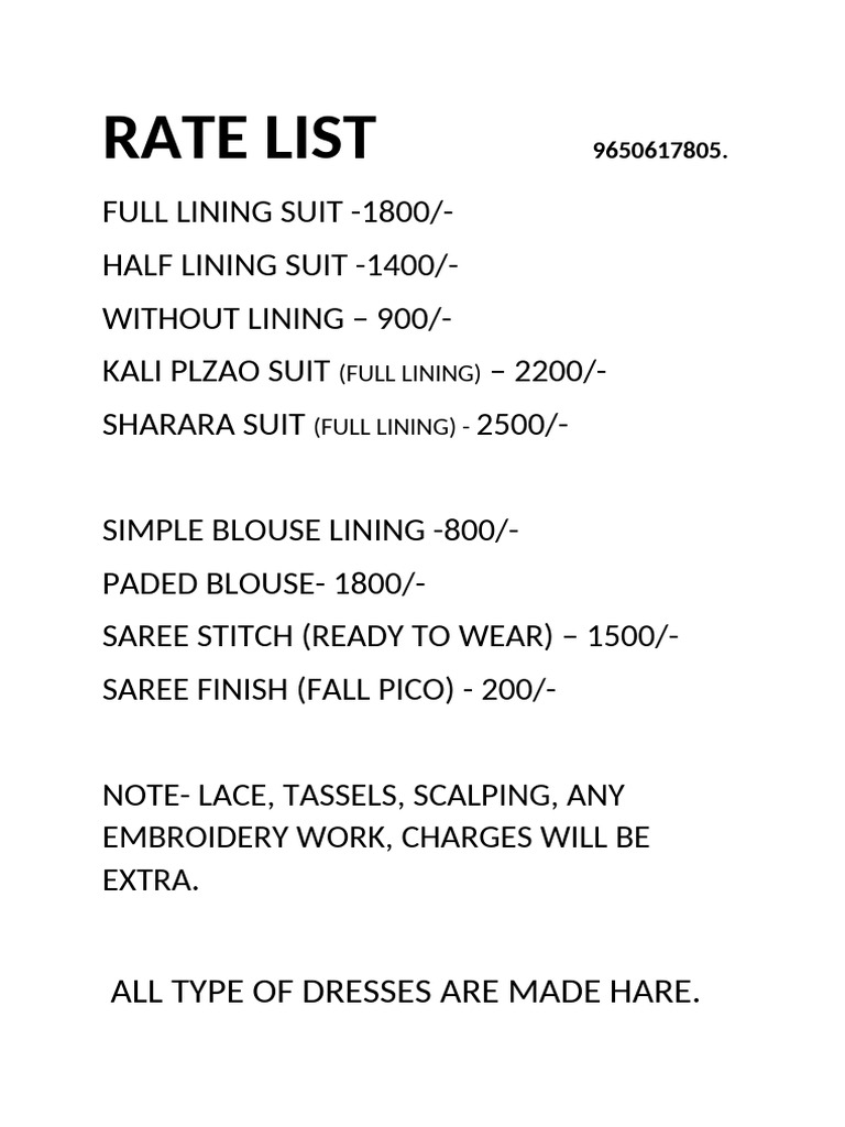 Tailoring Rate List for Suits & Sarees | PDF
