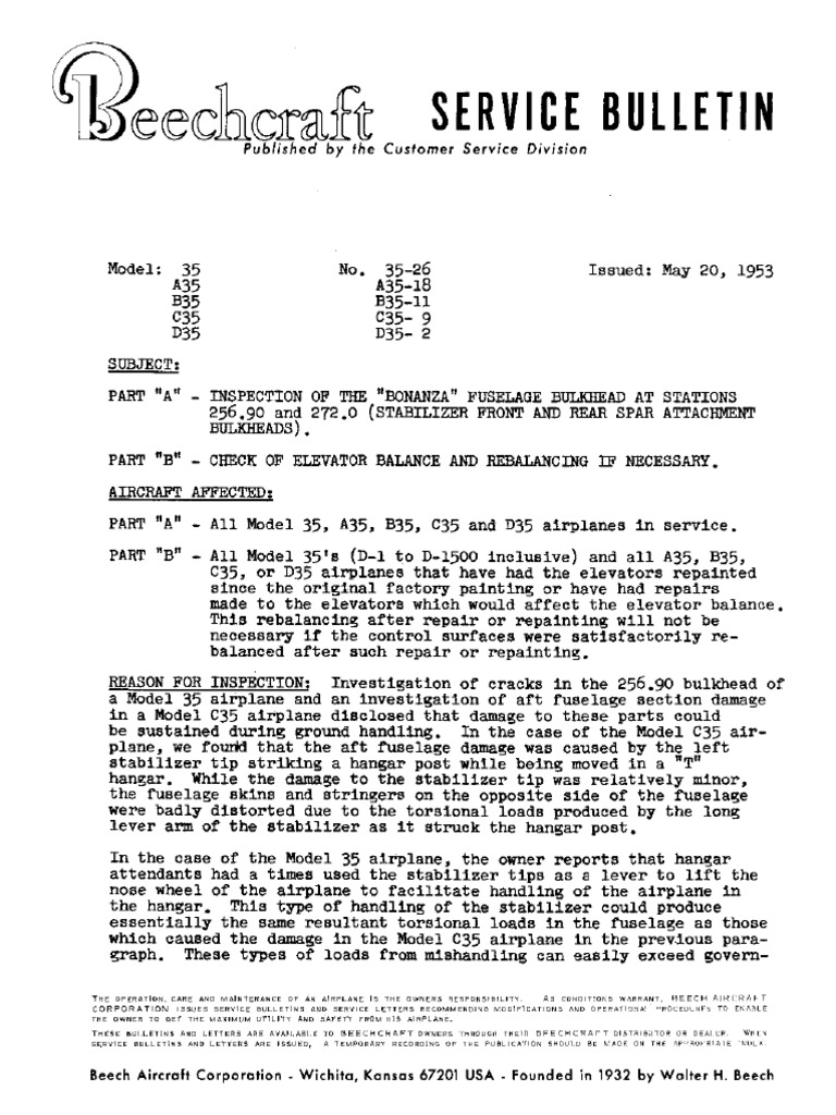 SB 35 26 - Inspection of Fuselage Bulkhead and Elevator Balance and ...