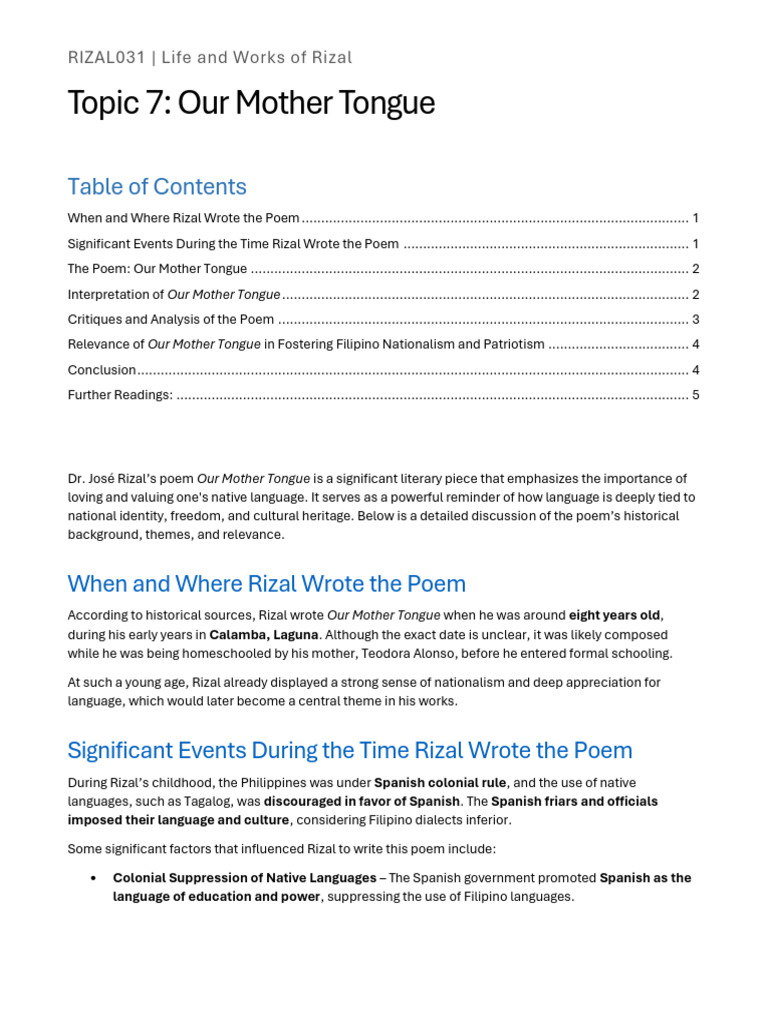 Topic 7 Our Mother Tongue | PDF | Philippines | Tagalog Language