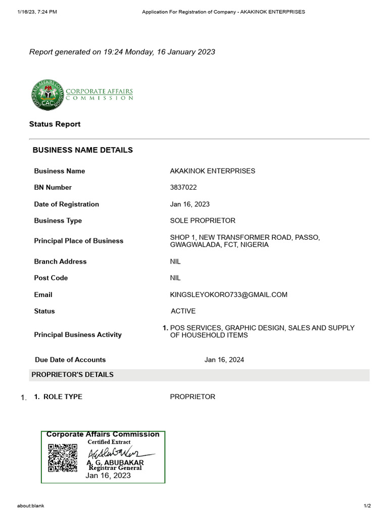 Application For Registration of Company - AKAKINOK ENTERPRISES[190688] | PDF