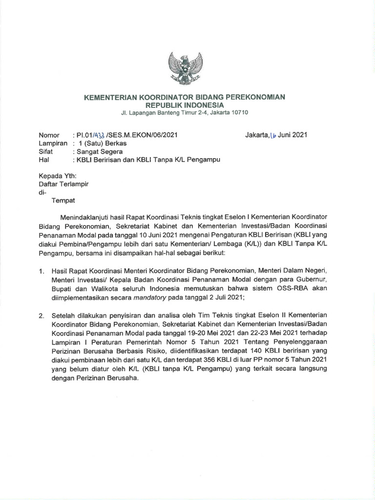 S 433 (1) Surat Menko Pengampu KBLI | PDF