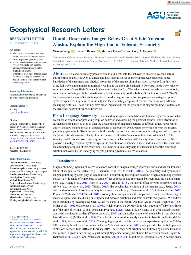 Geophysical Research Letters - 2023 - Yang - Double Reservoirs Imaged ...