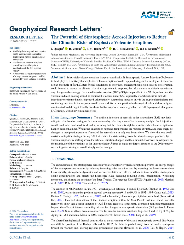The Potential of Stratospheric Aerosol Injection T | PDF | General ...