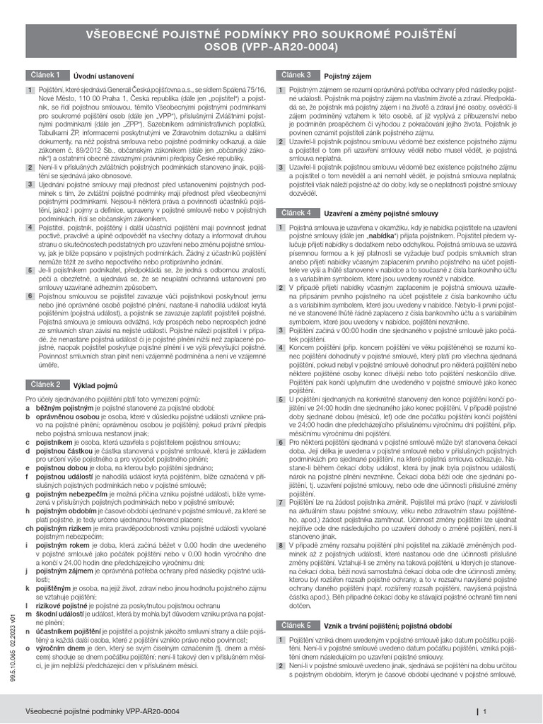 Všeobecné Pojistné Podmínky Pro Soukromé Pojištění OSOB (VPP-AR20-0004) | PDF