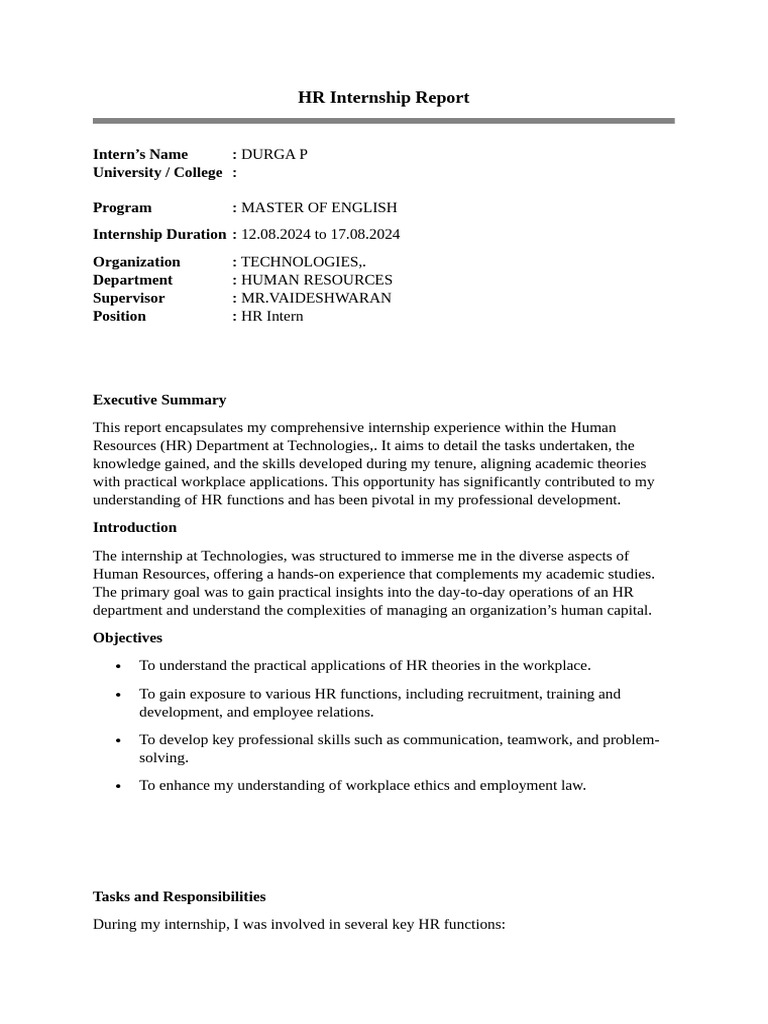 DURGA P HR Intership Report | PDF | Internship | Job Hunting