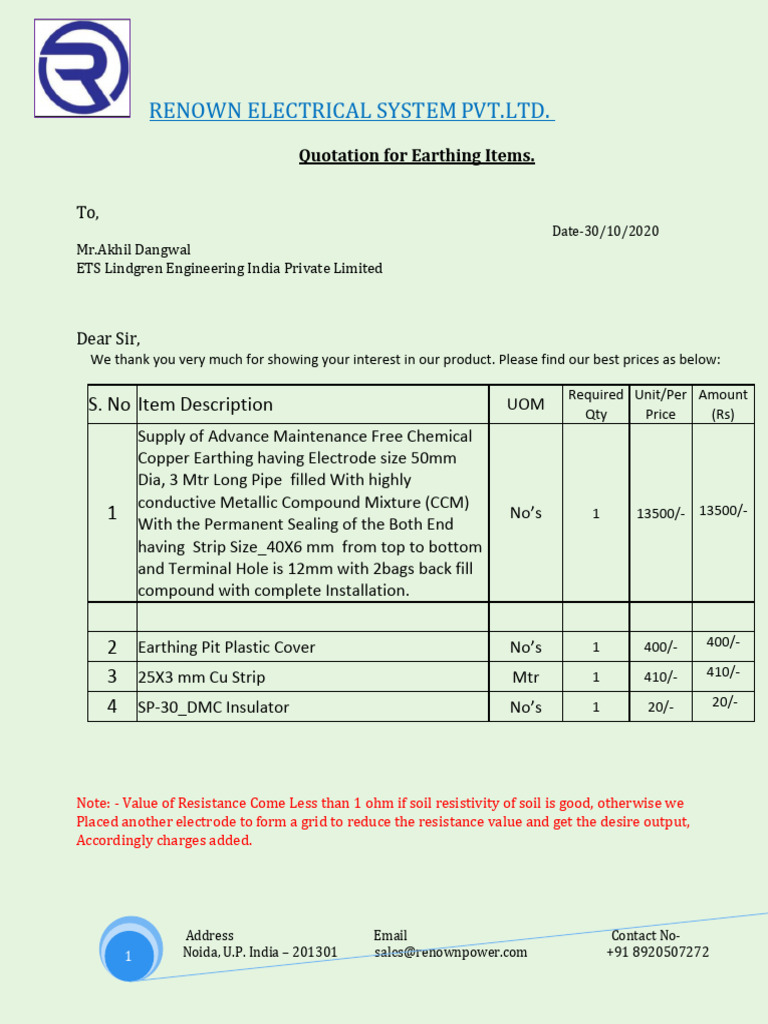 Earthing Quotation from Renown Electrical | PDF | Building Engineering ...