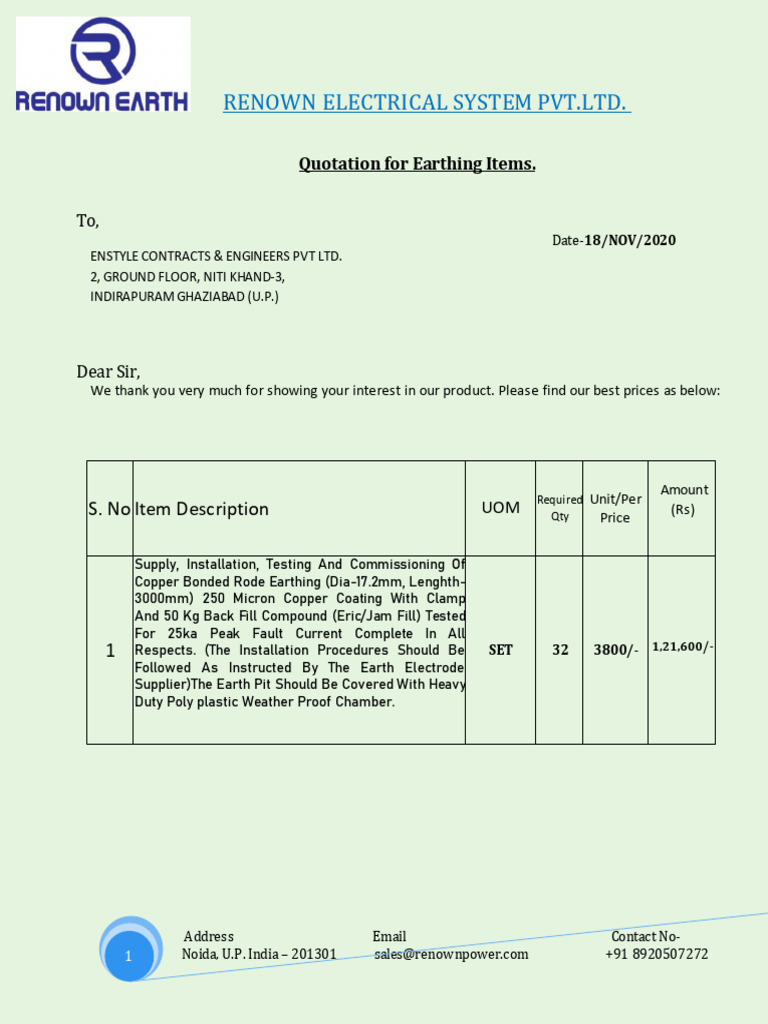 Earthing Items Quotation from Renown | PDF | Materials | Electricity