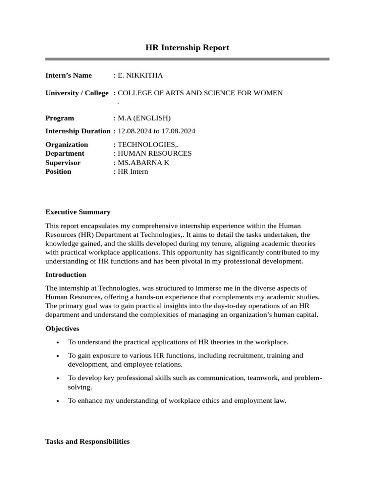 E. Nikkitha Intership report | PDF | Internship | Job Hunting