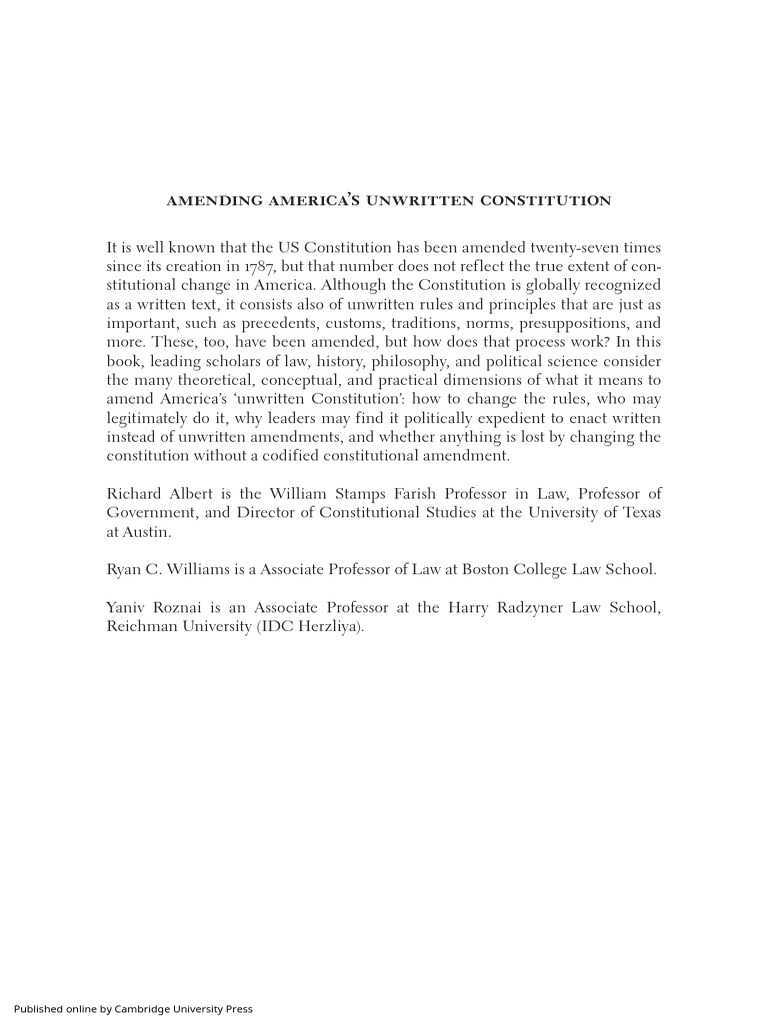 Albert, Williams, Roznai. Amending America's Unwritten Constitution ...