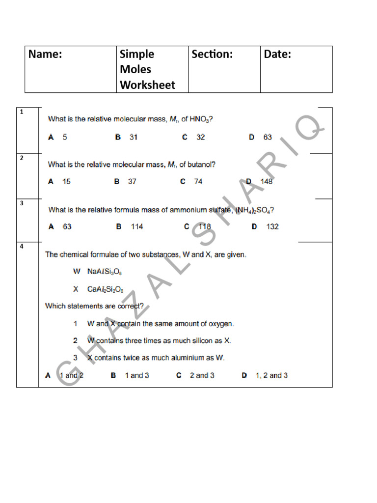 Simple Moles Worksheet for Students | PDF