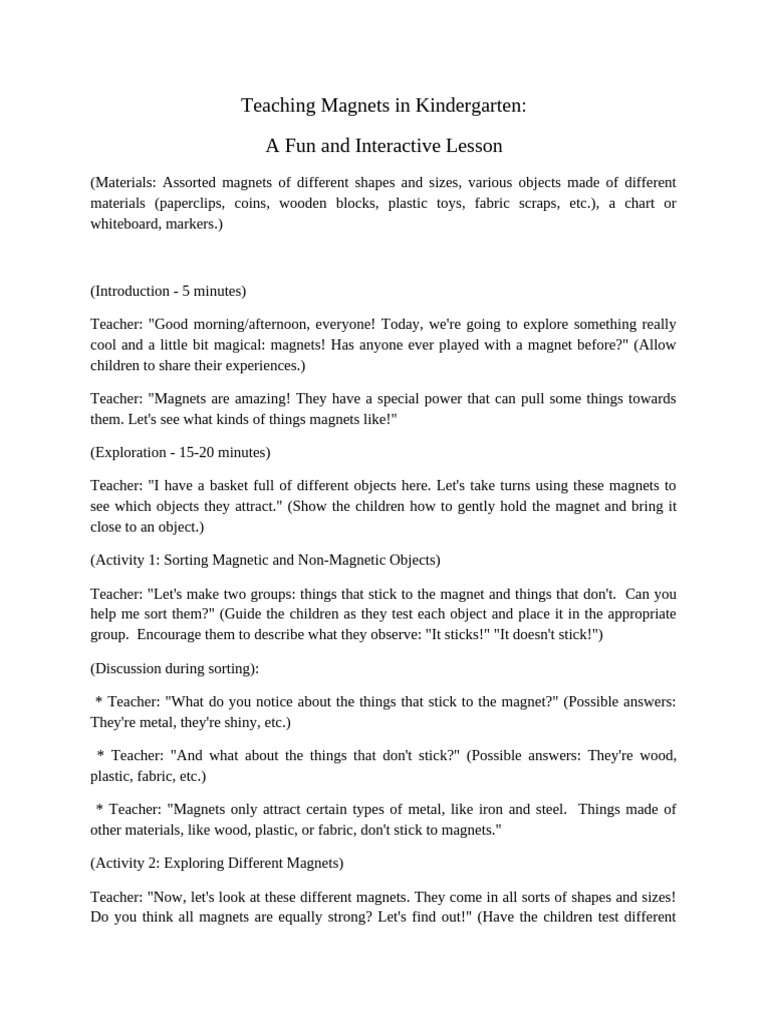 Teaching Magnets in Kindergarten | PDF | Magnet | Teachers