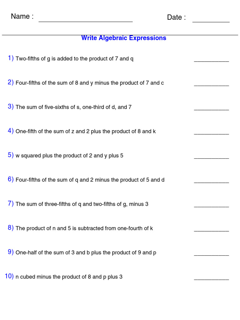 Algebraic Expressions Practice Worksheet | PDF