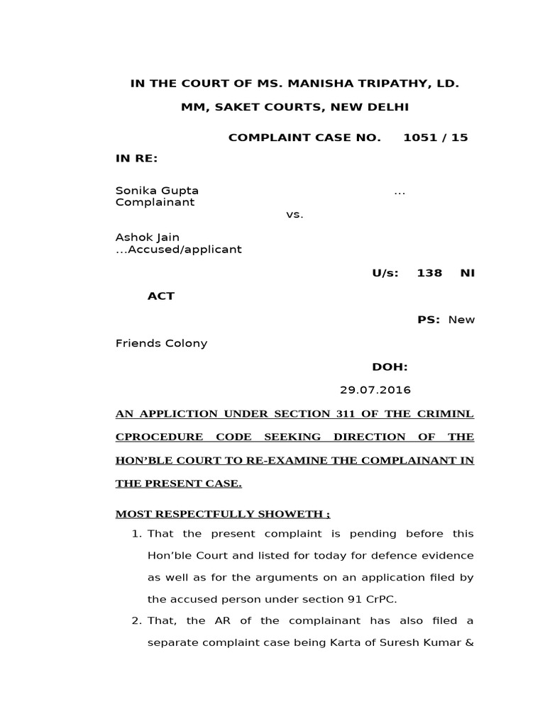 Section 311 CRPC Appliction | PDF | Legal Procedure | Judiciaries