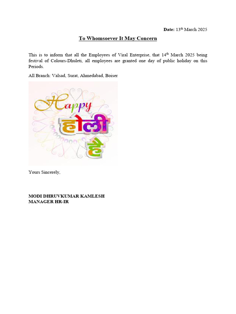 HOLI LEAVE NOTICE New Microsoft Word Document | PDF