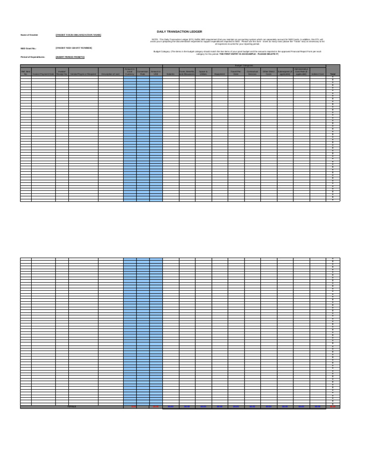 Daily Transaction Ledger Template - New Budget Categories | PDF ...