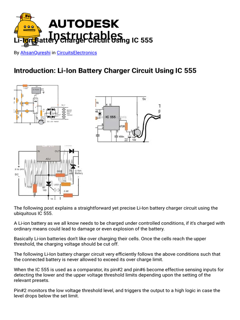 Li-Ion Charger Circuit Using IC 555 | PDF | Battery Charger | Lithium ...