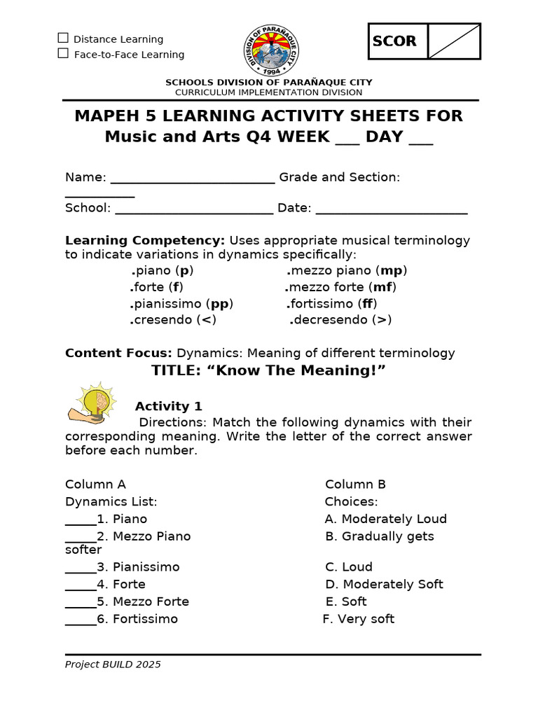 MAPEH 5 Music Dynamics Activity Sheets | PDF | Musical Compositions | Musicology