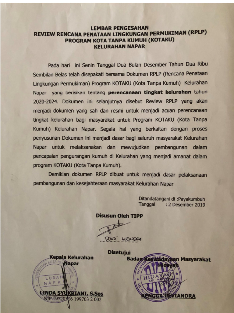 lembar pengesahan RPLP NAPAR 2019 | PDF