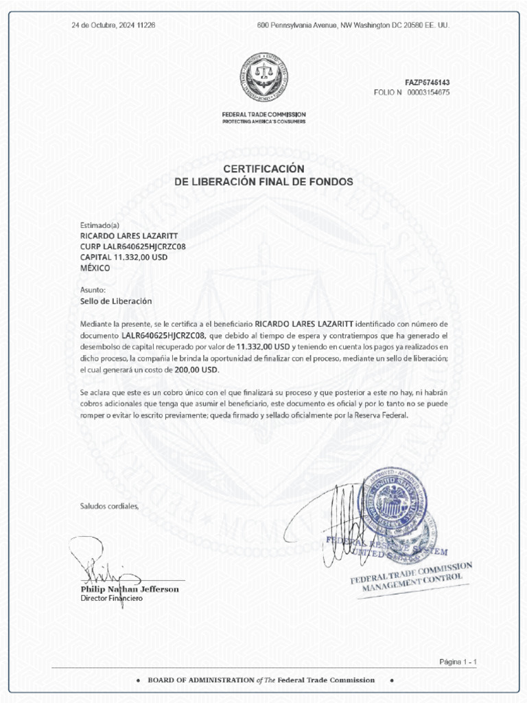 FTC - Liberación de Fondos - Ricardo Lares Lazaritt | PDF