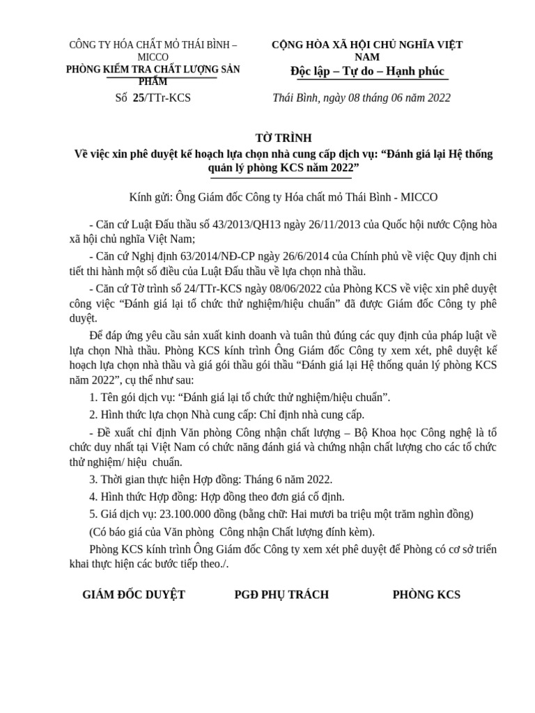 01.01 Tờ trình lựa chọn nhà cung cấp | PDF