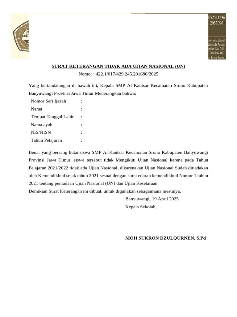 Surat Keterangan Tidak Ada UN 2025 | PDF