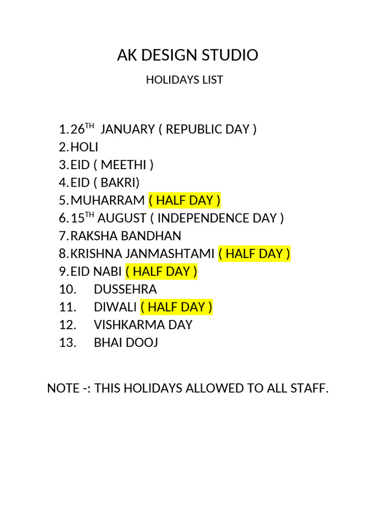 Holidays List | PDF
