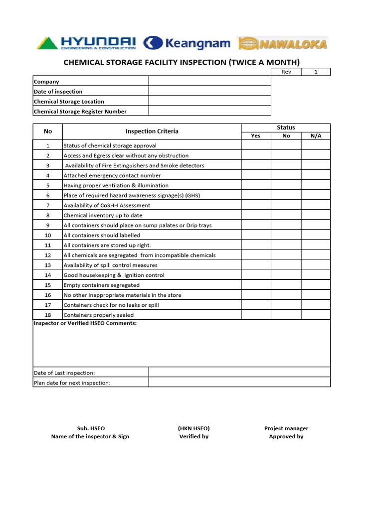 Chemical Storage Inspection Checklist | PDF