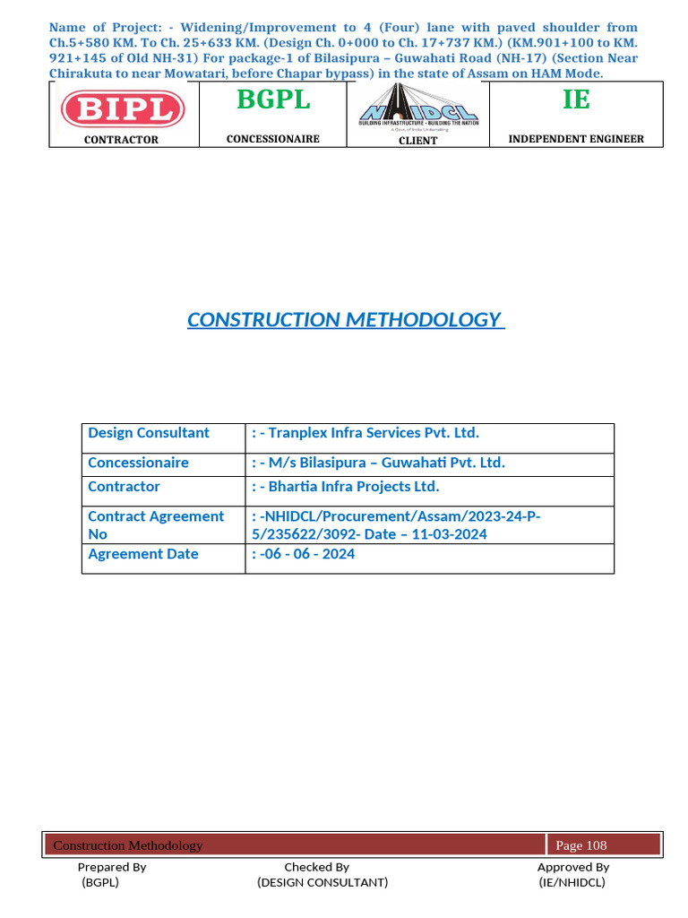 Construction Methodology - Chirakuta to Near Mowatari Road Project NH ...