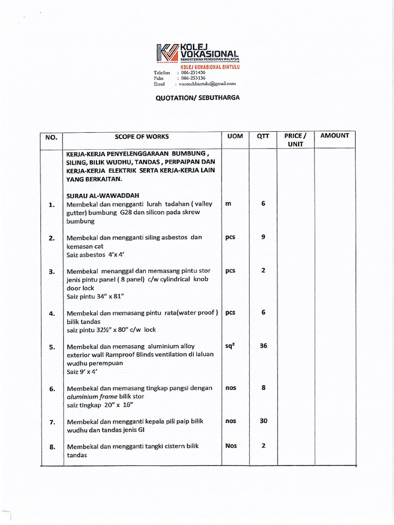 BQ-Kerja Peny Bumbung, siling, tandas perpaipan _Mushola-25032025131251 | PDF