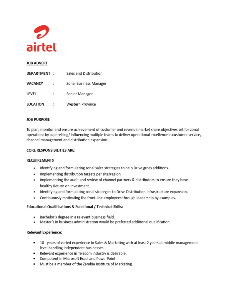 Advert - Zonal Business Manager - Western Zone | PDF | Marketing | Sales