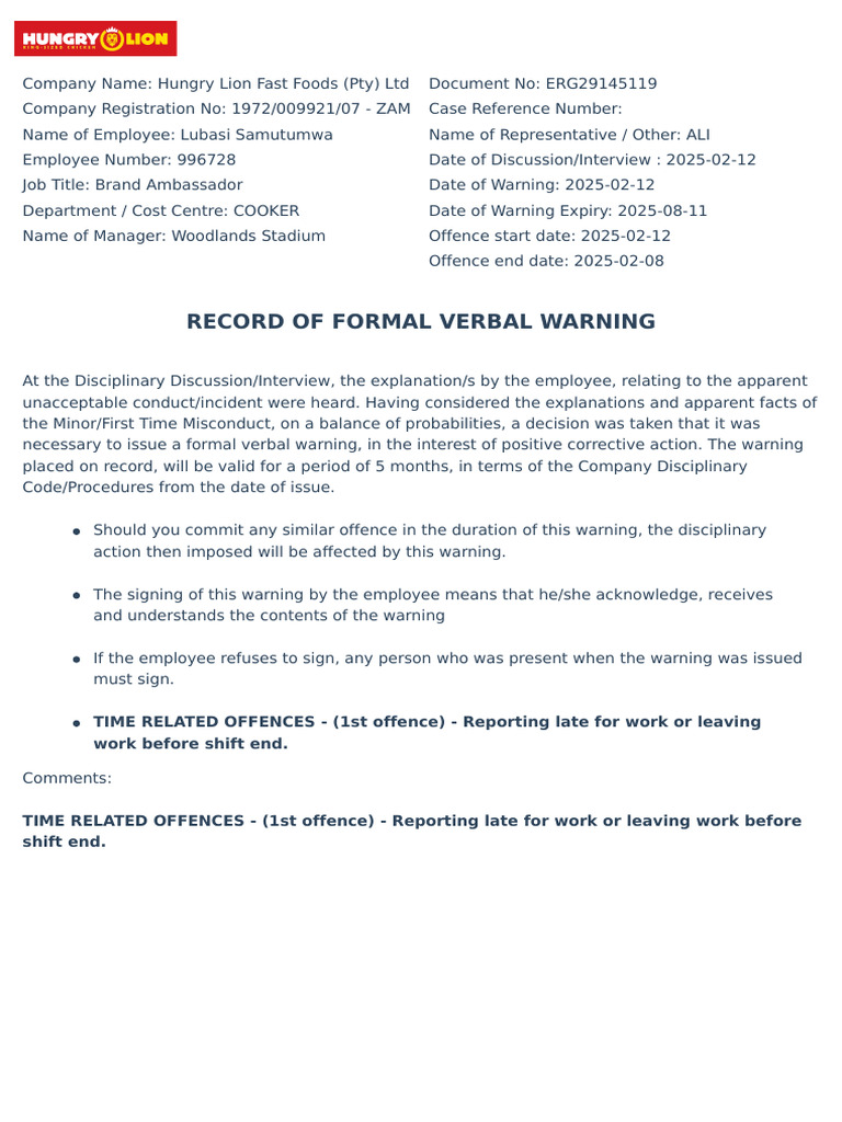 Formal Verbal Warning for Employee Misconduct | PDF