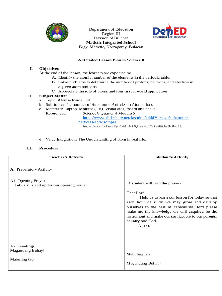 Science 8 Lesson Plan: Atoms and Ions | PDF | Atoms | Ion