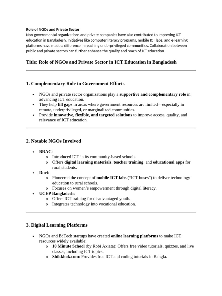 Role of NGOs and Private Sector | PDF | Educational Technology ...