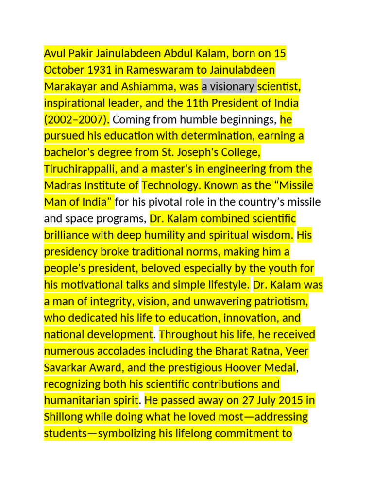 Avul Pakir Jainulabdeen Abdul Kalam | PDF