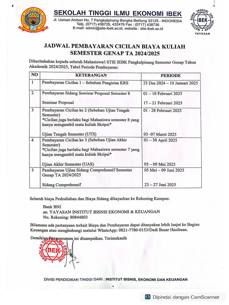 Jadwal Pembayaran STIE IBEK | PDF